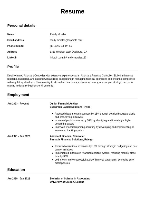 Assistant Controller Resume Example | Jobseeker