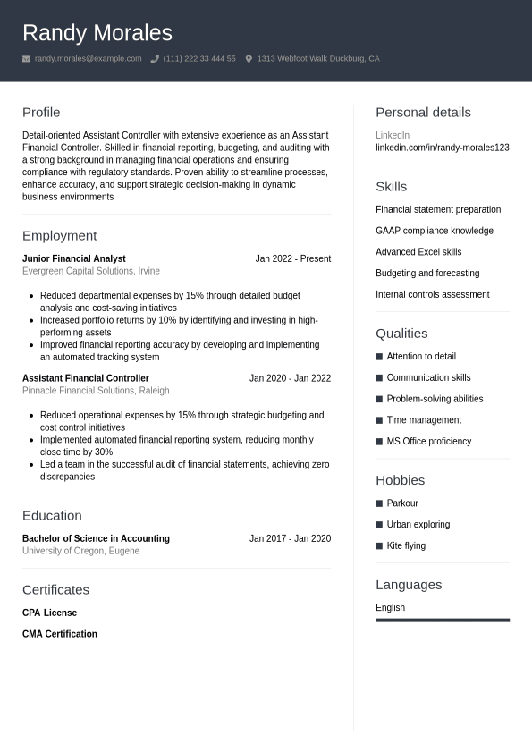 Assistant Controller Resume Example | Jobseeker