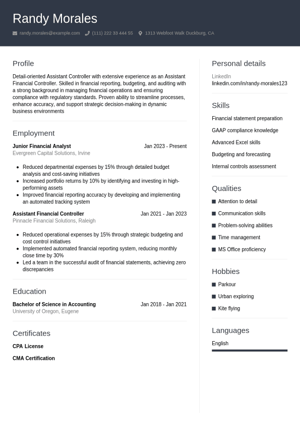 Assistant Controller Resume Example | Jobseeker