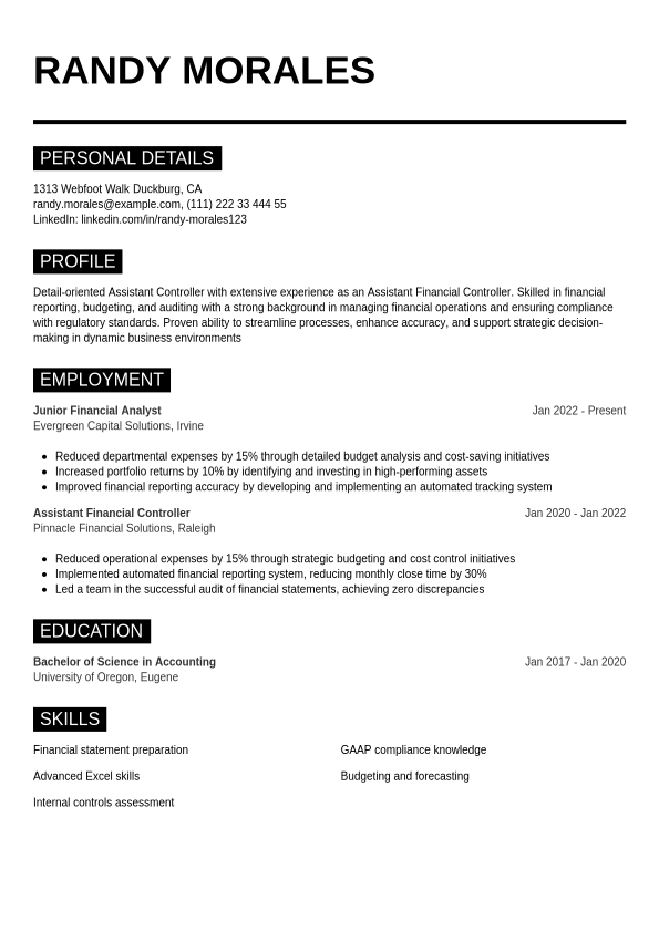 Assistant Controller Resume Example | Jobseeker