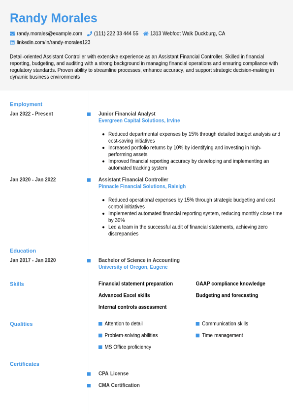 Assistant Controller Resume Example | Jobseeker