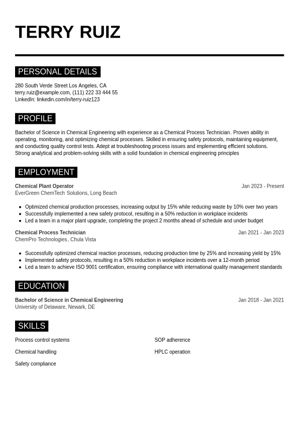 Chemical Operator Resume Writing Guide & Tips | Jobseeker