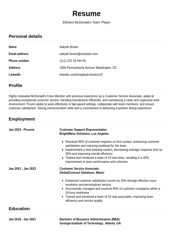 McDonalds Resume Example | Jobseeker