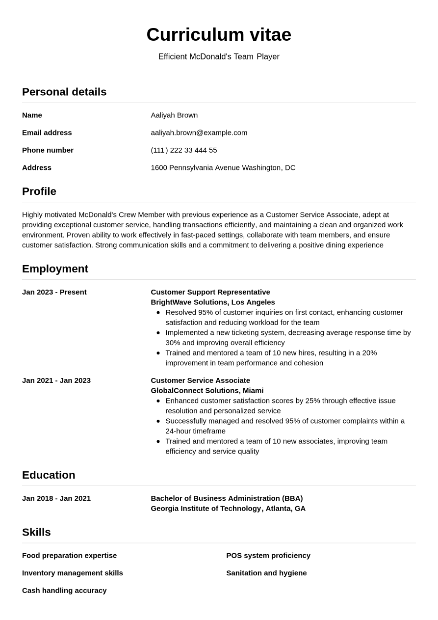 McDonalds Resume Example | Jobseeker