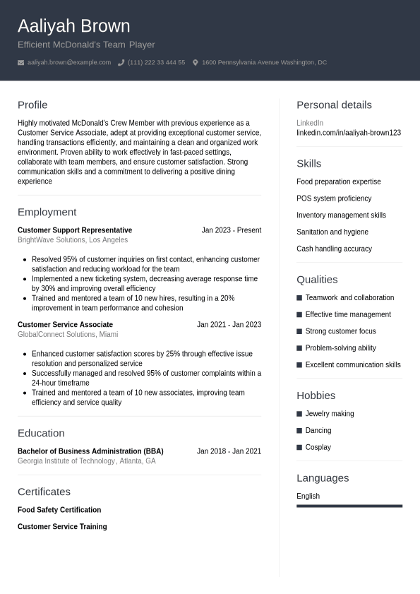 McDonalds Resume Example | Jobseeker