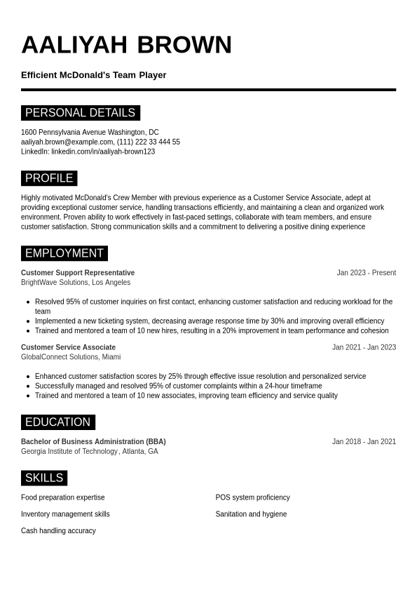 McDonalds Resume Example | Jobseeker