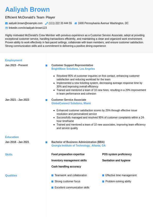 McDonalds Resume Example | Jobseeker