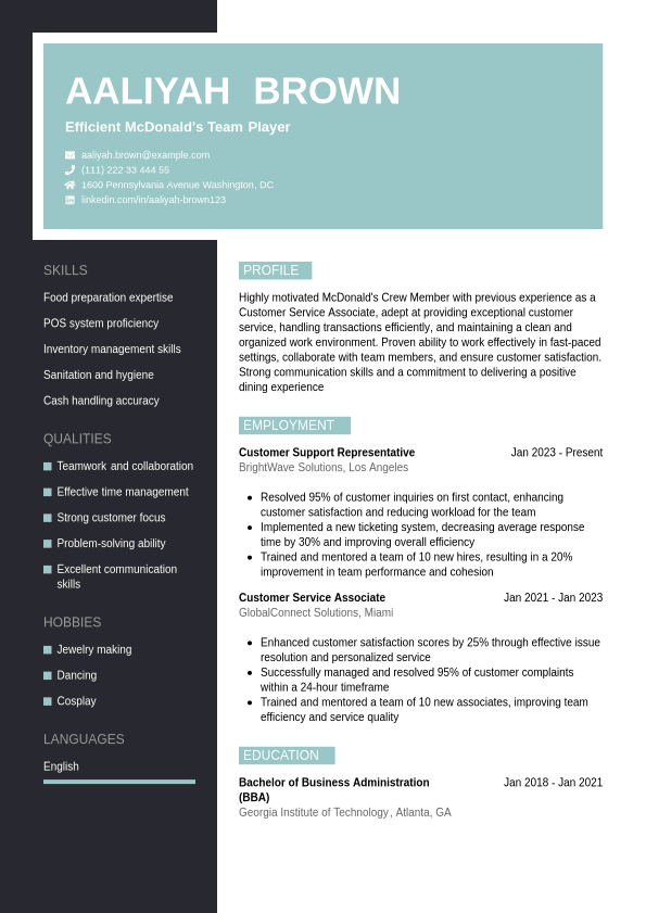 McDonalds Resume Example | Jobseeker