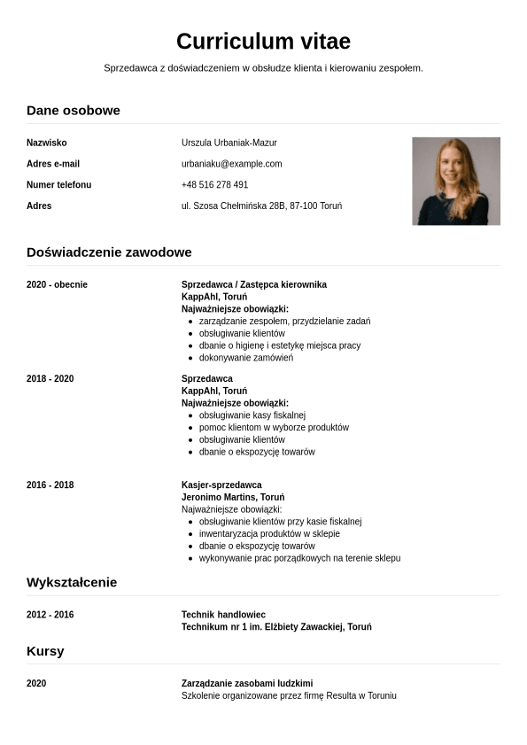 Przykład CV sprzedawca | Jobseeker