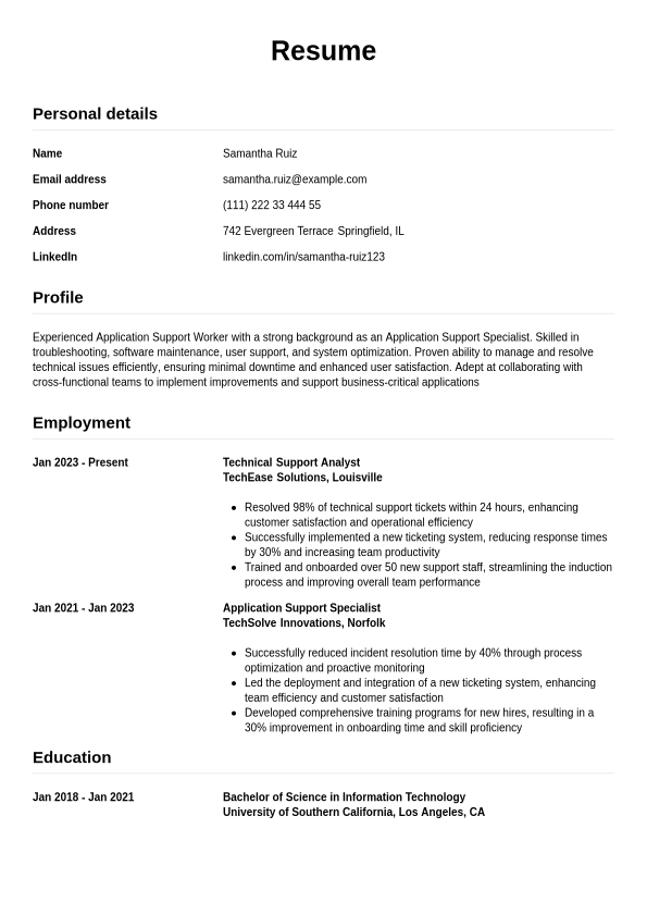 Application Support Resume Example | Jobseeker