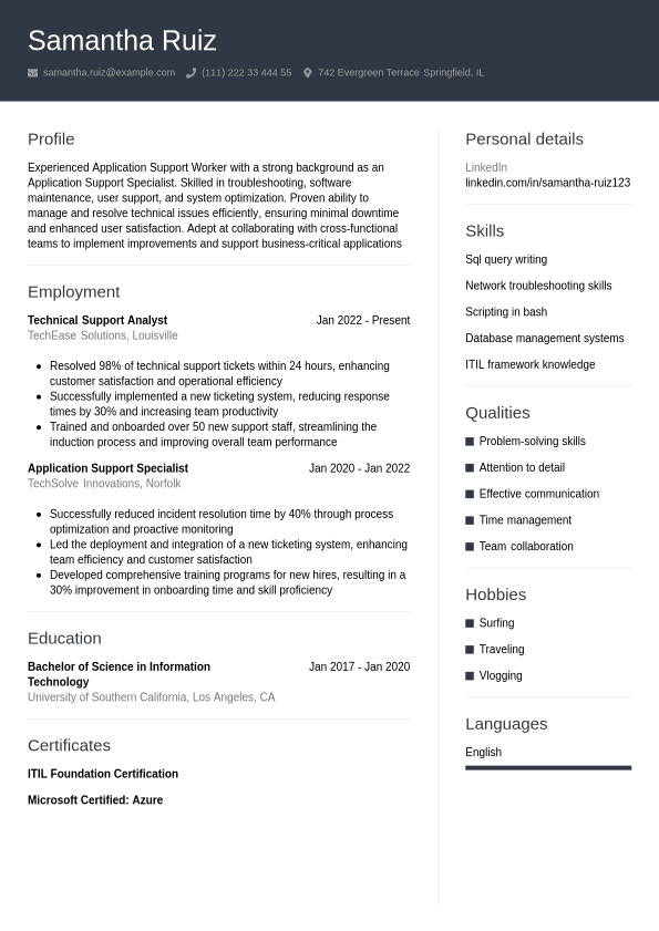 Application Support Resume Example | Jobseeker