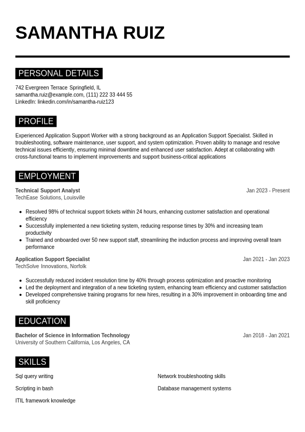 Application Support Resume Example | Jobseeker