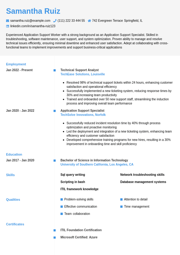 Application Support Resume Example | Jobseeker