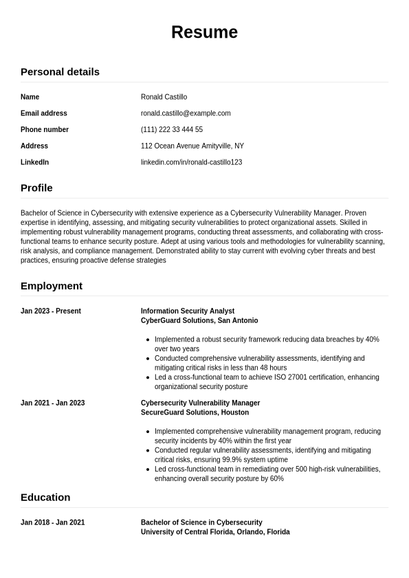 Vulnerability Management Resume Example | Jobseeker