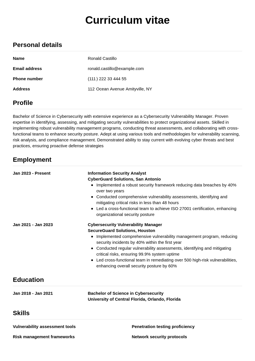Vulnerability Management Resume Example | Jobseeker