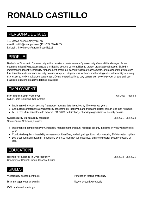 Vulnerability Management Resume Example | Jobseeker