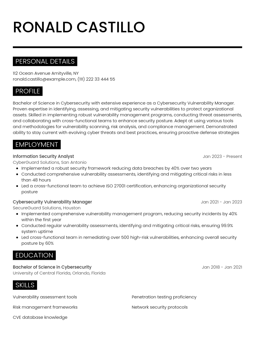 Vulnerability Management Resume Example | Jobseeker