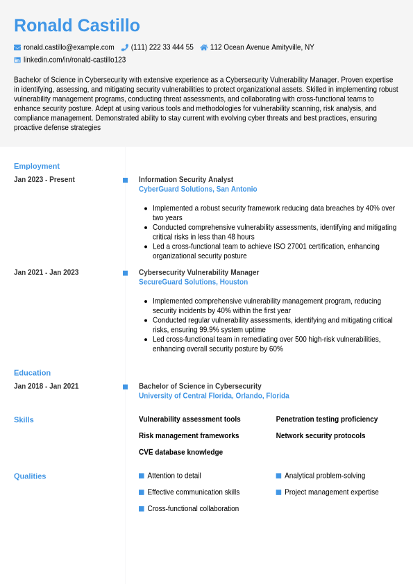 Vulnerability Management Resume Example | Jobseeker