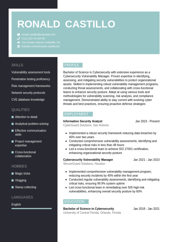Vulnerability Management Resume Example | Jobseeker