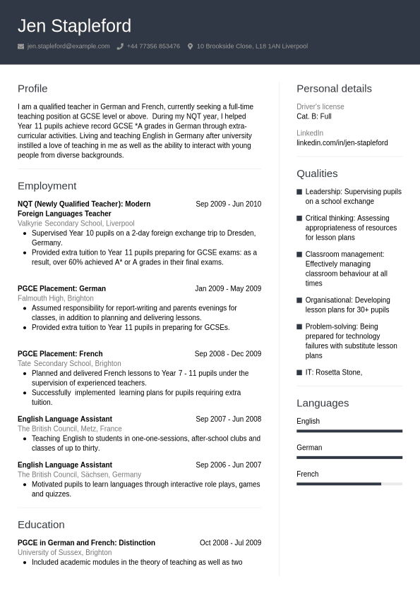 CV example teacher | Jobseeker