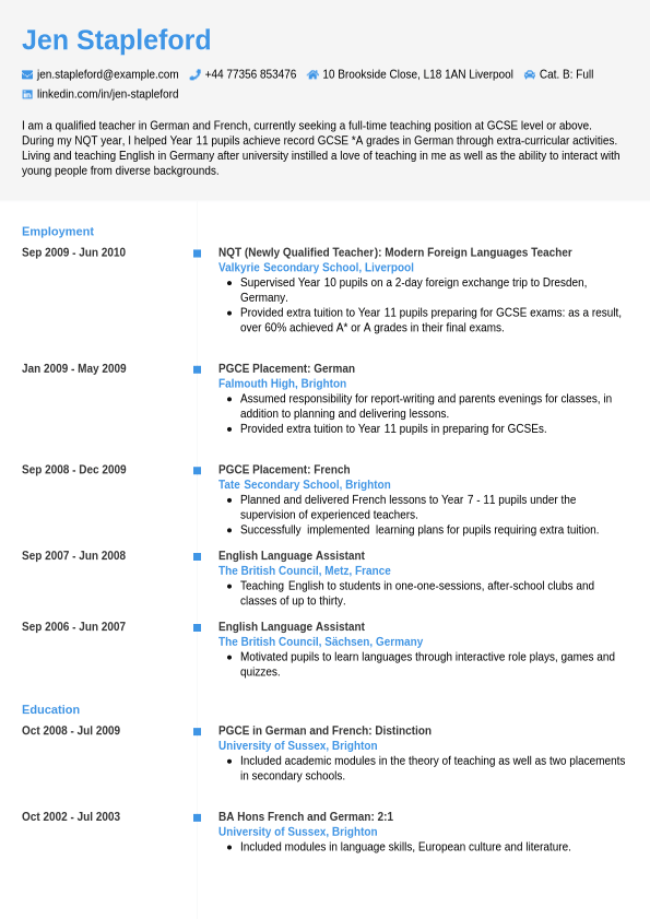 CV example teacher | Jobseeker
