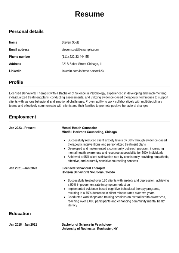 Behavioral Therapist Resume Example | Jobseeker