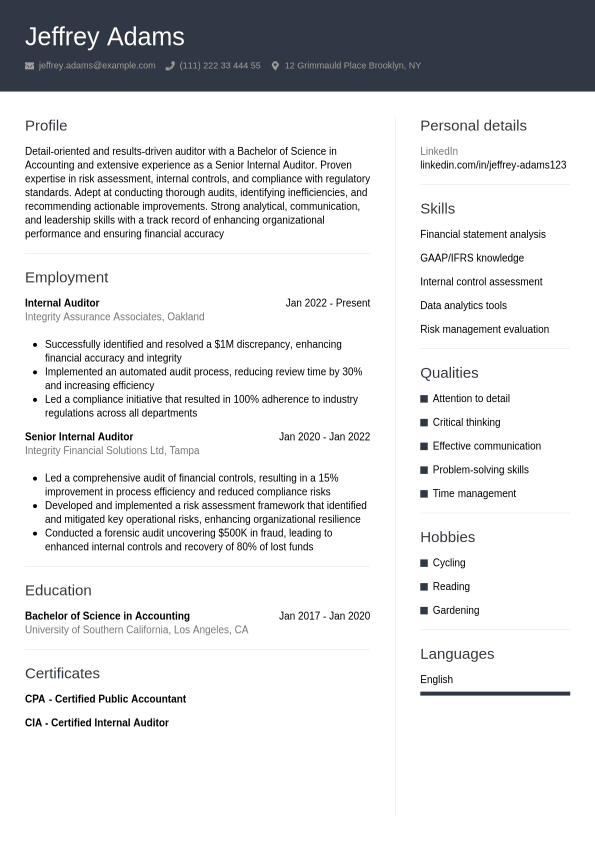 Auditor Resume Example | Jobseeker