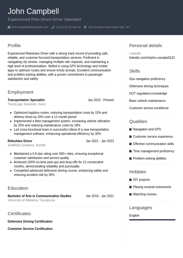Lyft Driver Resume Example | Jobseeker