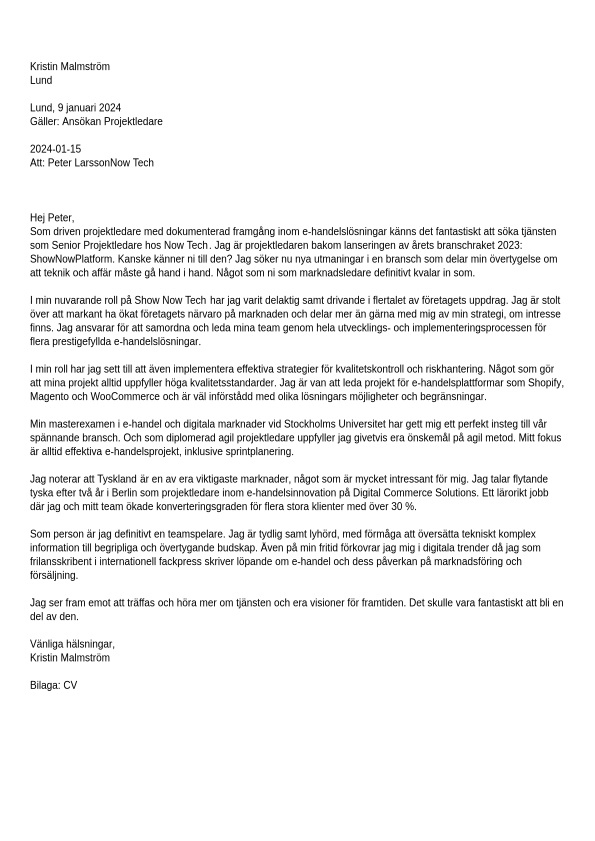 Projektledare Personligt Brev Exempel | Jobseeker