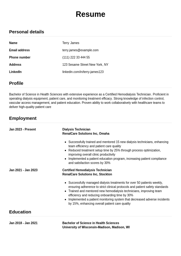 Dialysis Technician Resume Example | Jobseeker