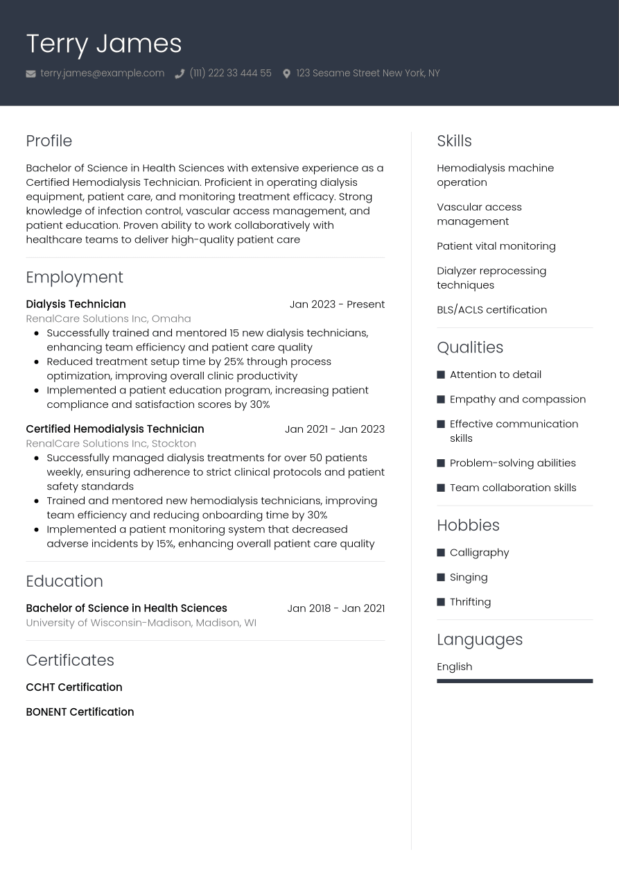 Dialysis Technician Resume Example | Jobseeker