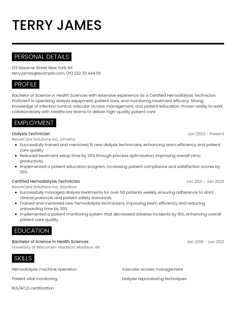 Dialysis Technician Resume Example | Jobseeker
