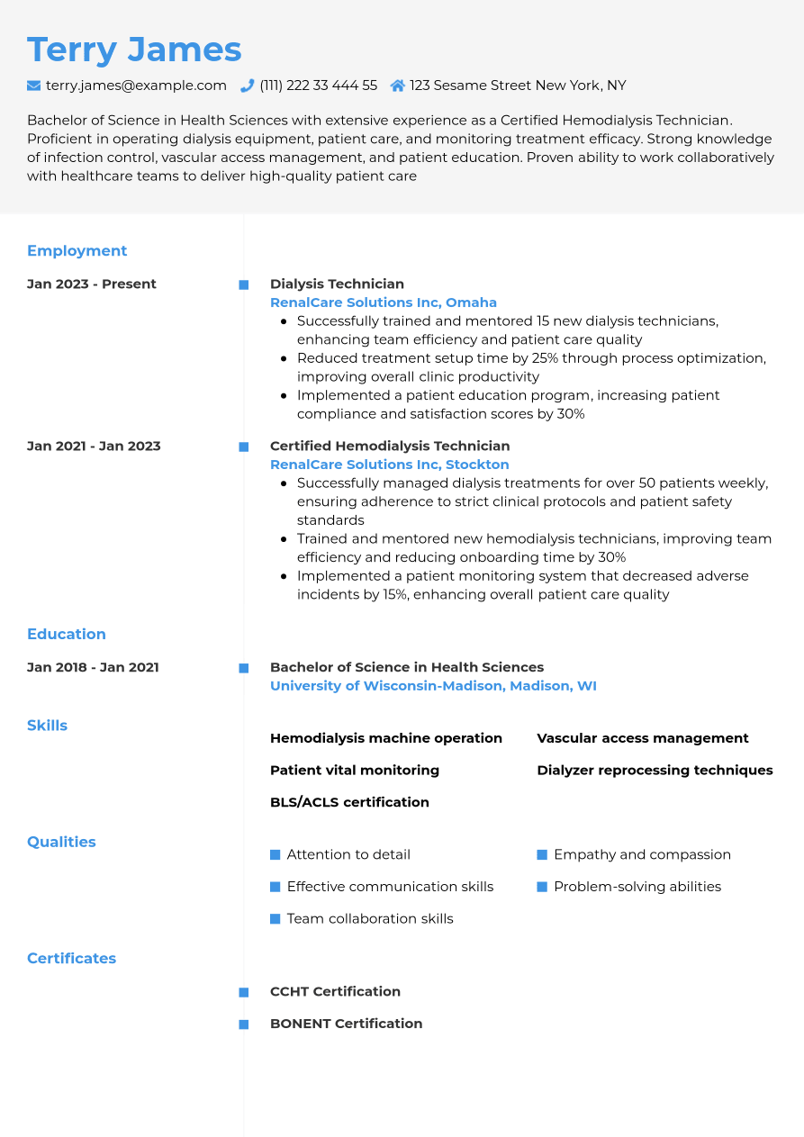 Dialysis Technician Resume Example | Jobseeker