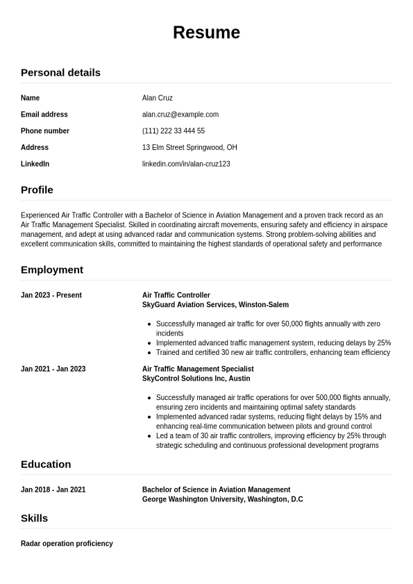 Air Traffic Controller Resume Example | Jobseeker