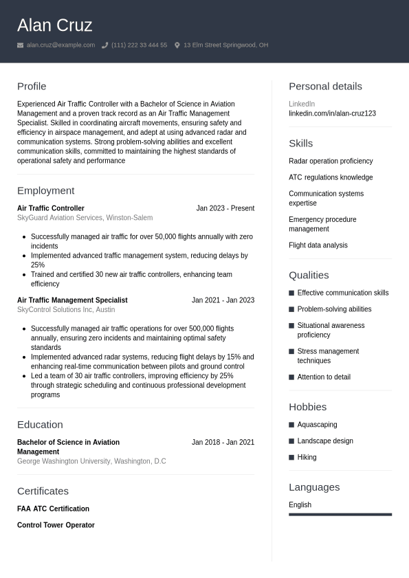 Air Traffic Controller Resume Example | Jobseeker