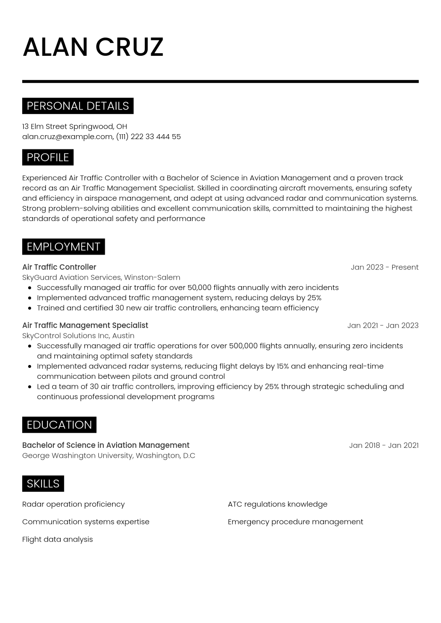 Air Traffic Controller Resume Example | Jobseeker