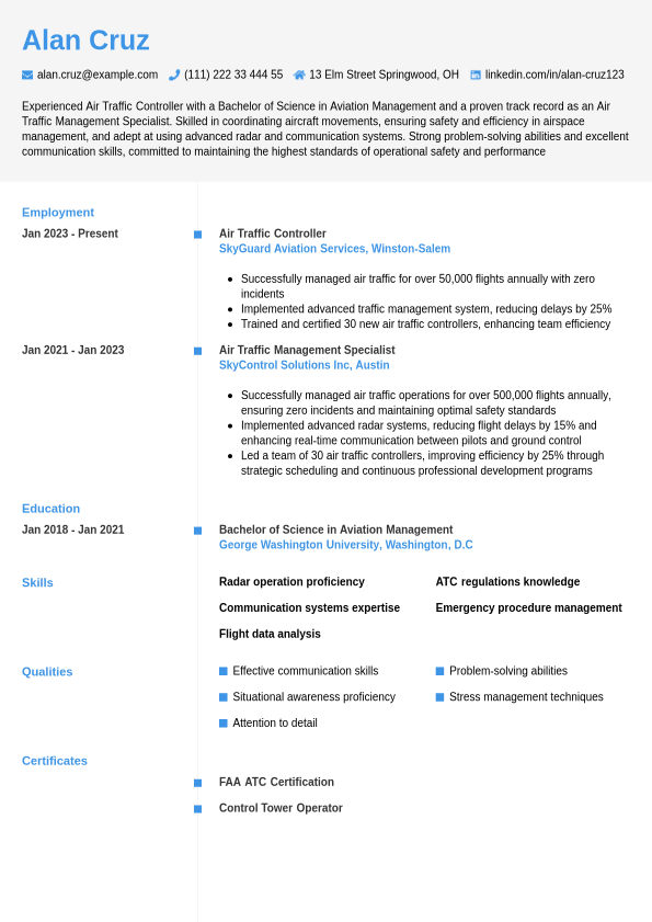 Air Traffic Controller Resume Example | Jobseeker