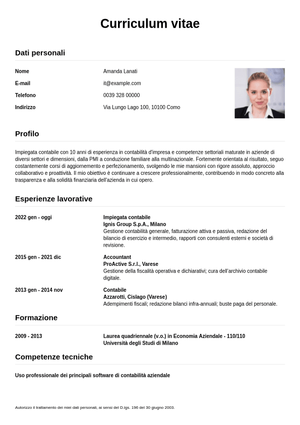 Esempio di curriculum vitae per Contabile | Jobseeker
