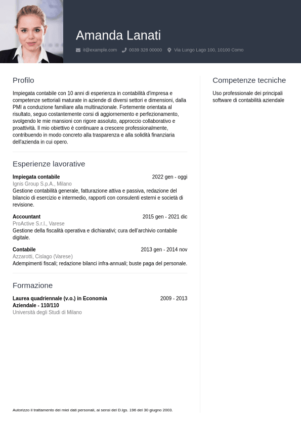 Esempio di curriculum vitae per Contabile | Jobseeker