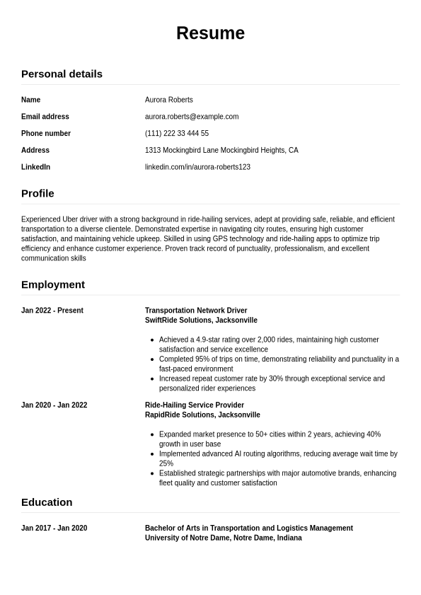Uber Driver Resume Example | Jobseeker