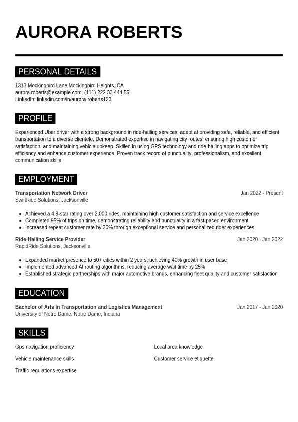 Uber Driver Resume Example | Jobseeker