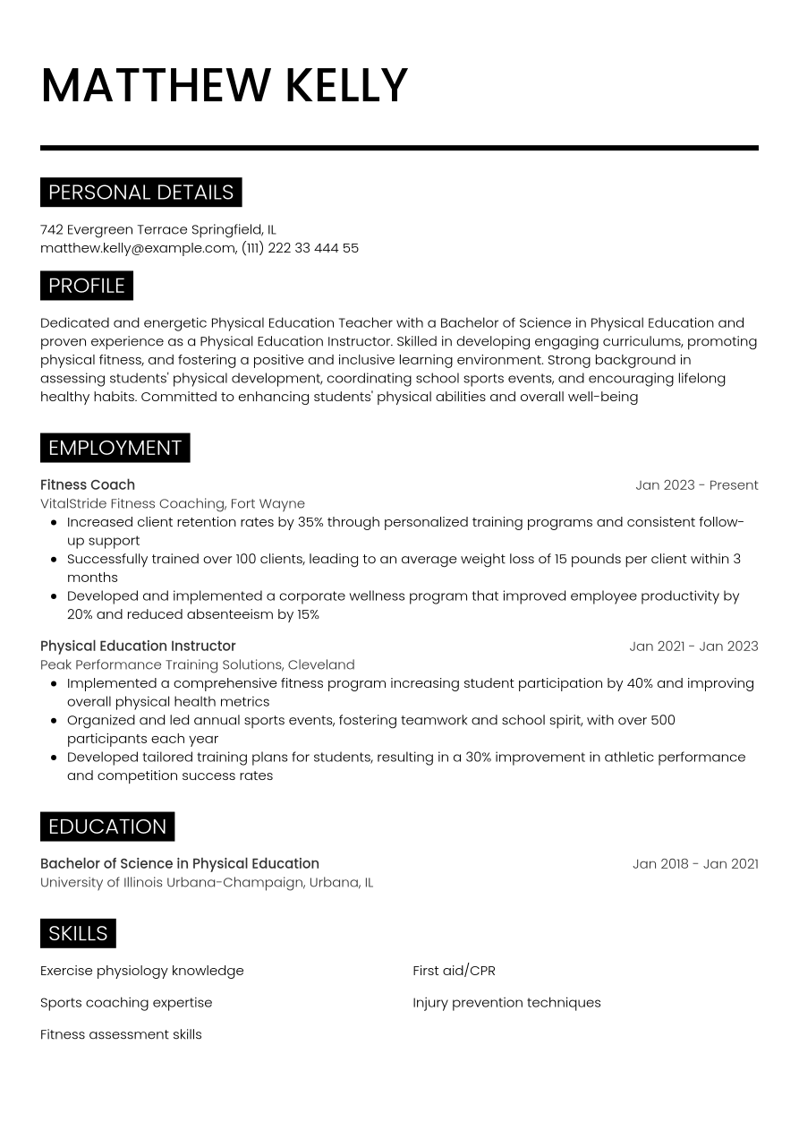 Physical Education Teacher Resume Writing Guide | Jobseeker