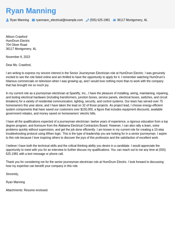 Electrician cover letter example | Jobseeker