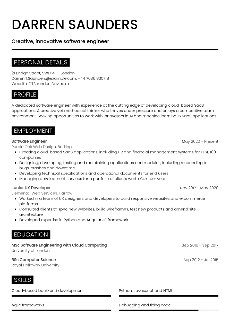 Software Engineer CV Example | Jobseeker