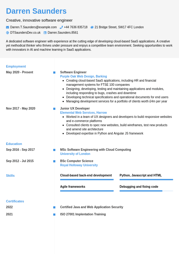 Software Engineer CV Example | Jobseeker