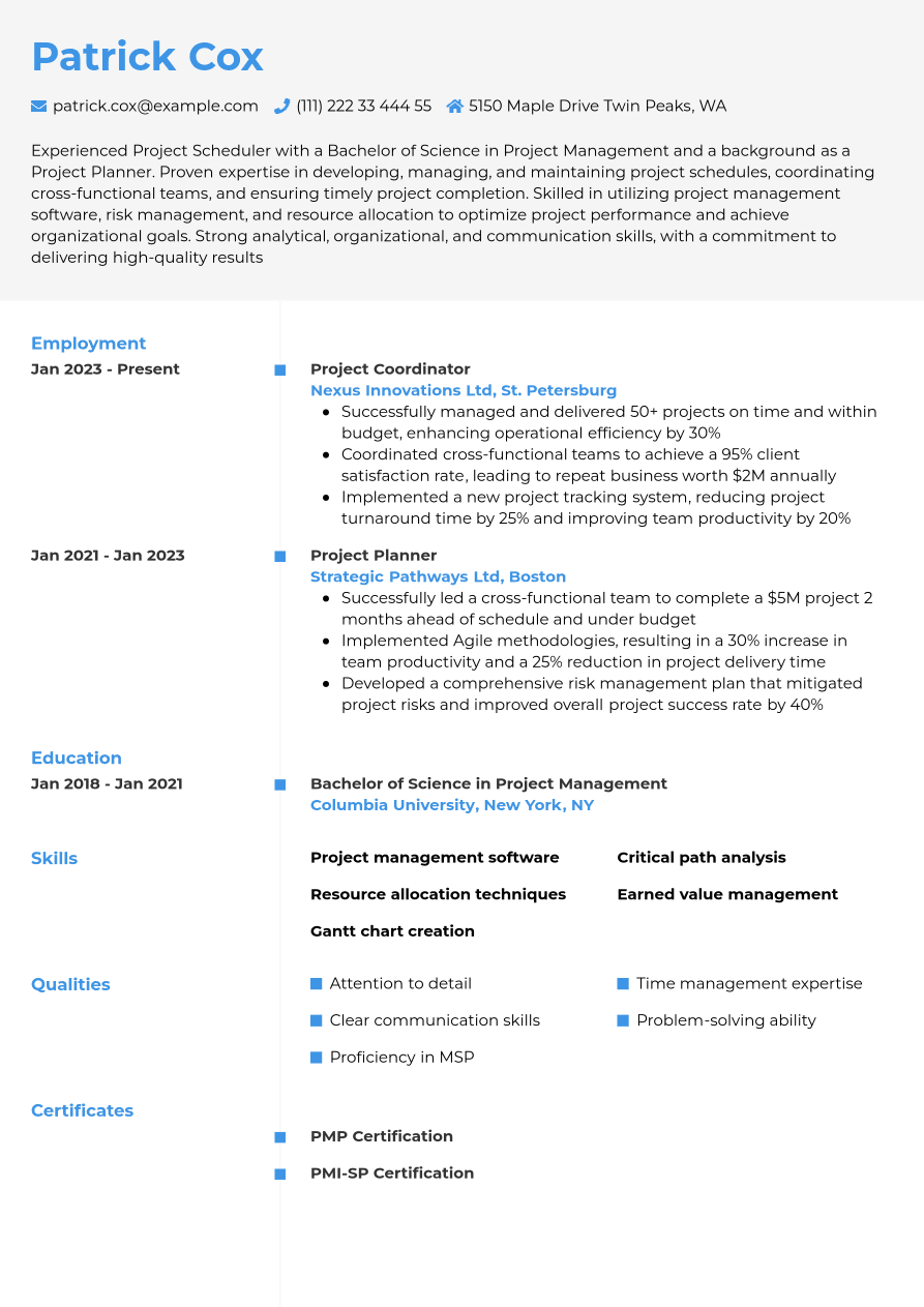 Project Scheduler Resume Writing Guide & Tips | Jobseeker