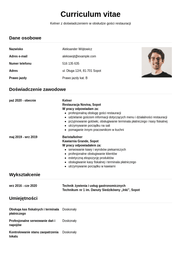 Przykład CV kelnera | Jobseeker