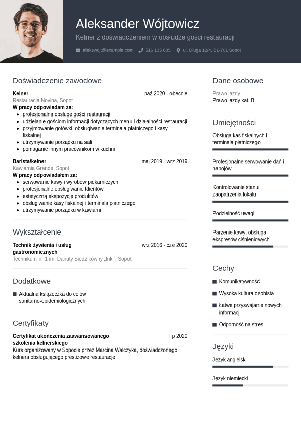 Przykład CV kelnera | Jobseeker