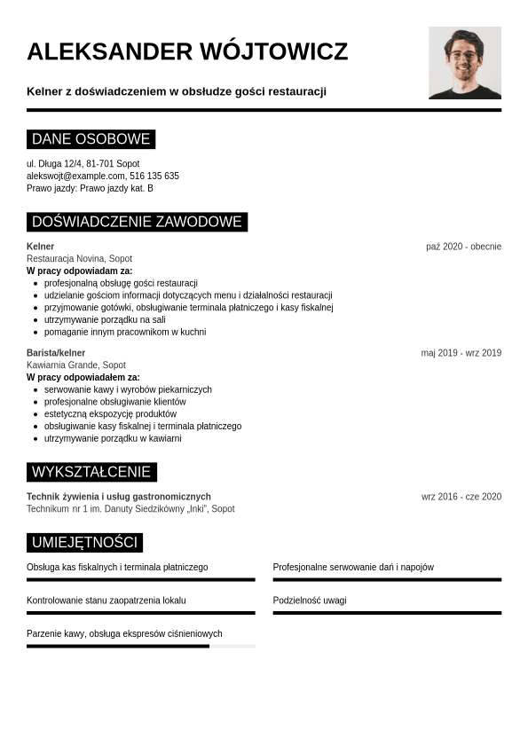 Przykład CV kelnera | Jobseeker