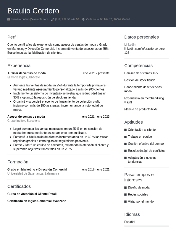 Currículum para Stradivarius ejemplo y consejos | Jobseeker